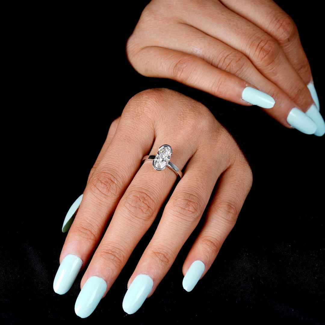 Moval Cut Diamond Ring, 14 KT White Gold, 2.015 Carat Moval Cut Lab ...