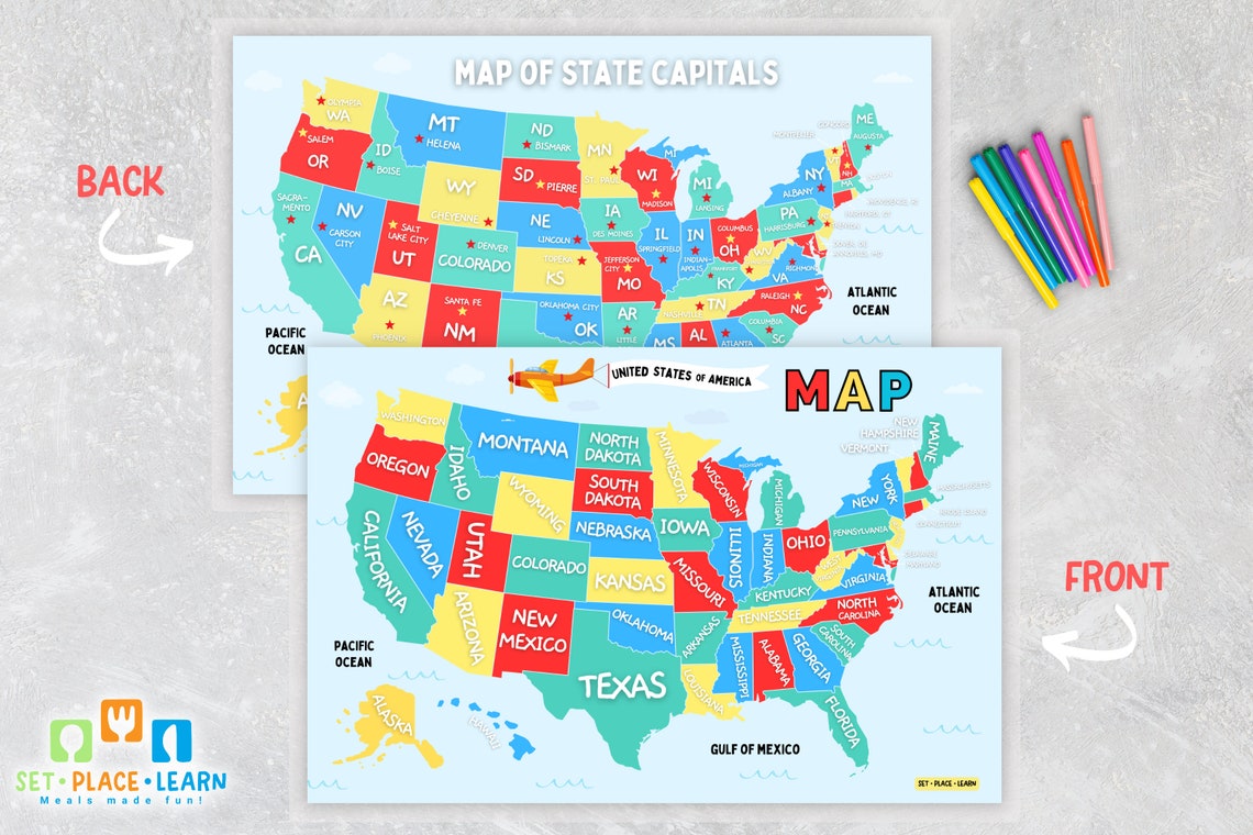 Kids Placemat United States Map of USA Capitals Gift for Kids Learn ...
