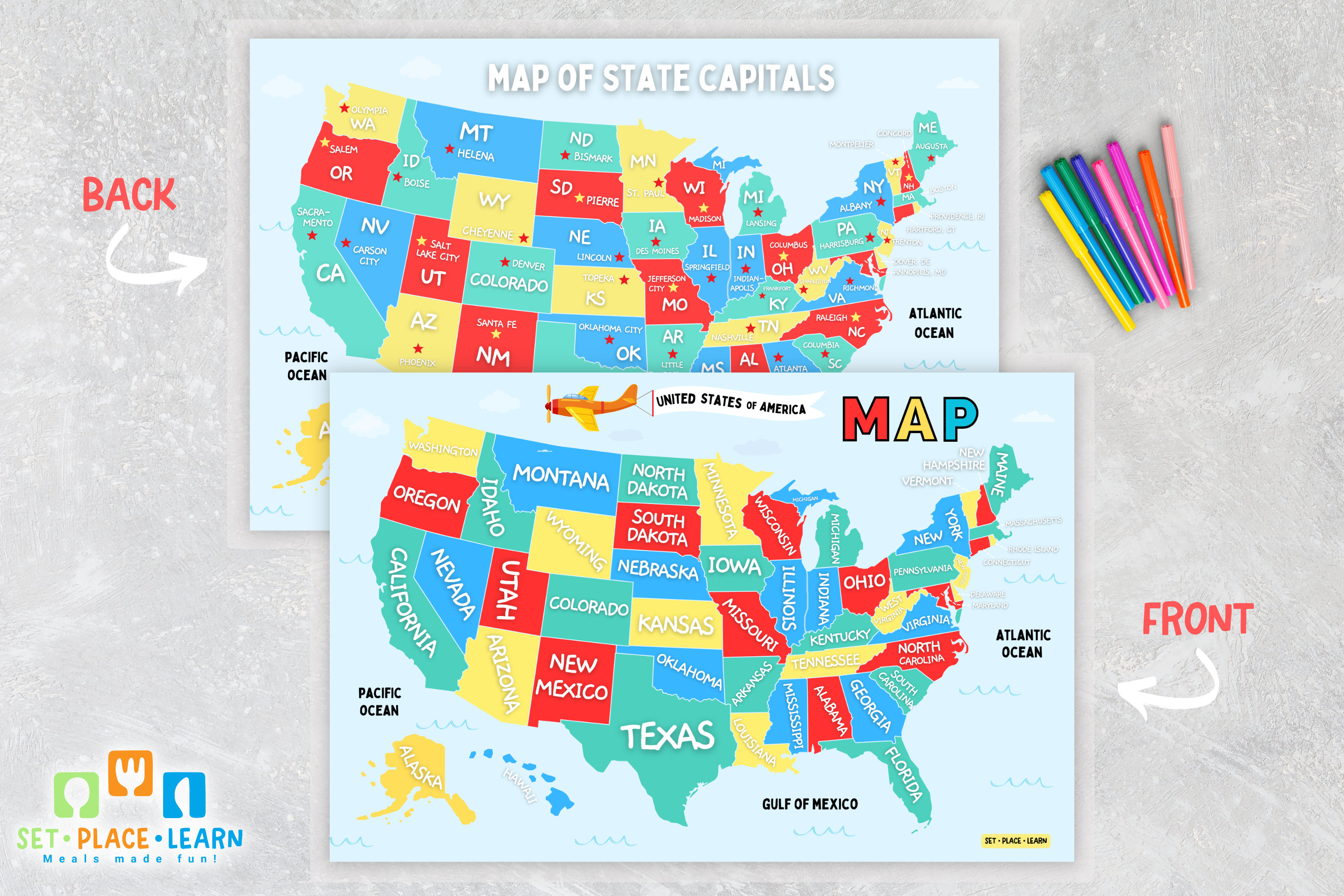 Kids Placemat United States Map of USA Capitals Gift for Kids Learn ...