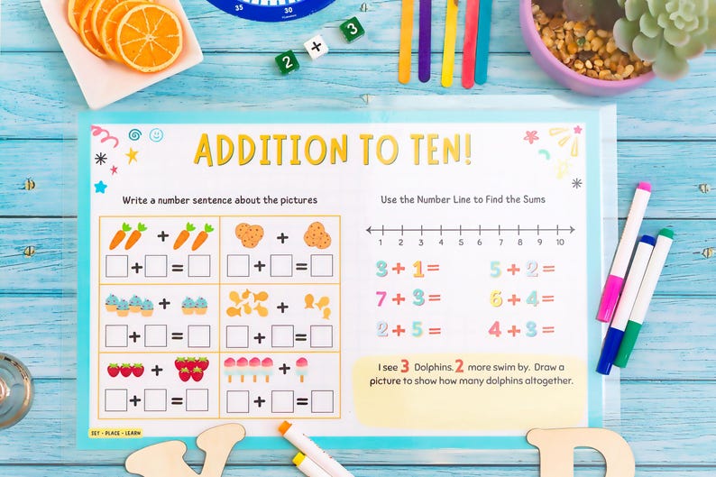 Kids Placemat Math Facts Addition 1-10 Pre-k Kindergarten Interactive ...