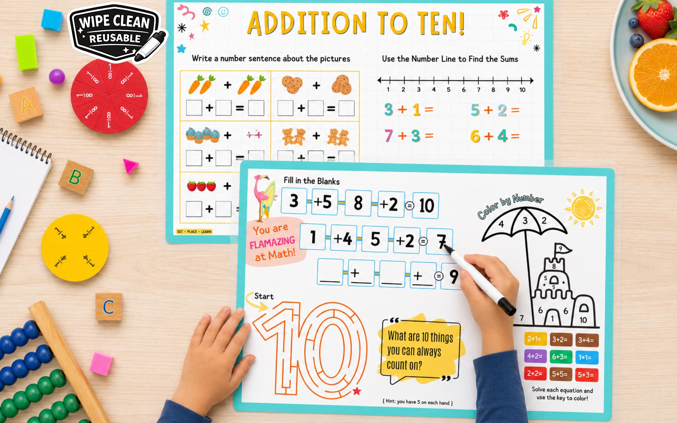 Reusable Addition Placemat for Kids | Math Facts 1–10 Activity Mat ...