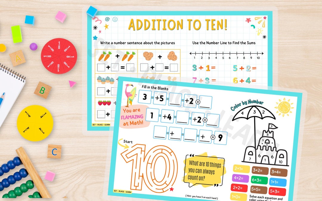 Kids Placemat Math Facts Addition 1-10 Pre-k Kindergarten Interactive ...