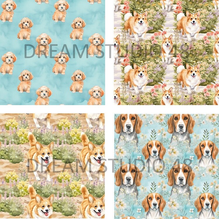 Dog Digital Seamless Pattern Set #1 - Cute Puppy Watercolor Scrapbook ...