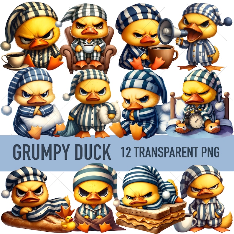 Grumpy Yellow Duck PNG Clipart, Grouchy Cute Funny Striped Pyjamas ...