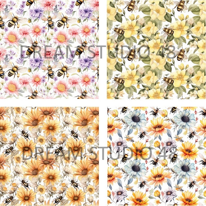 Bees Digital Paper Set #1- Watercolor Honey Bee Scrapbook Paper - Bee ...