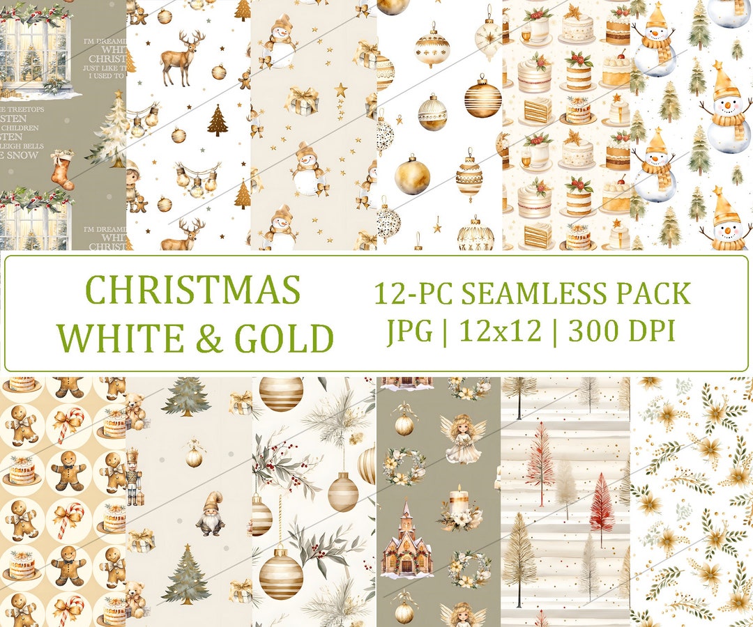 Christmas Digital Paper Set - Watercolor Gold & White Christmas ...