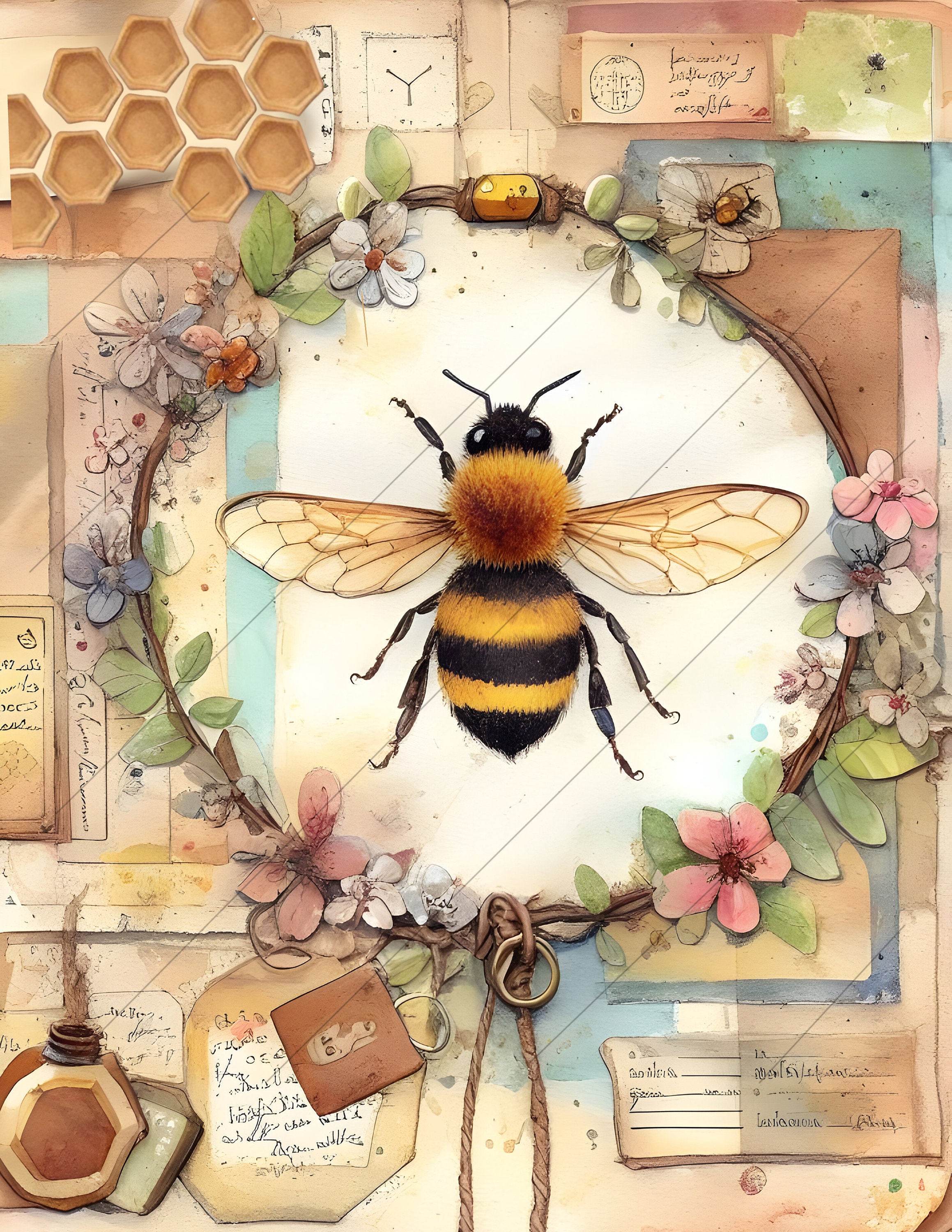 Bee Junk Journal Pages, Watercolour Bees Floral Journal Paper, Digital ...