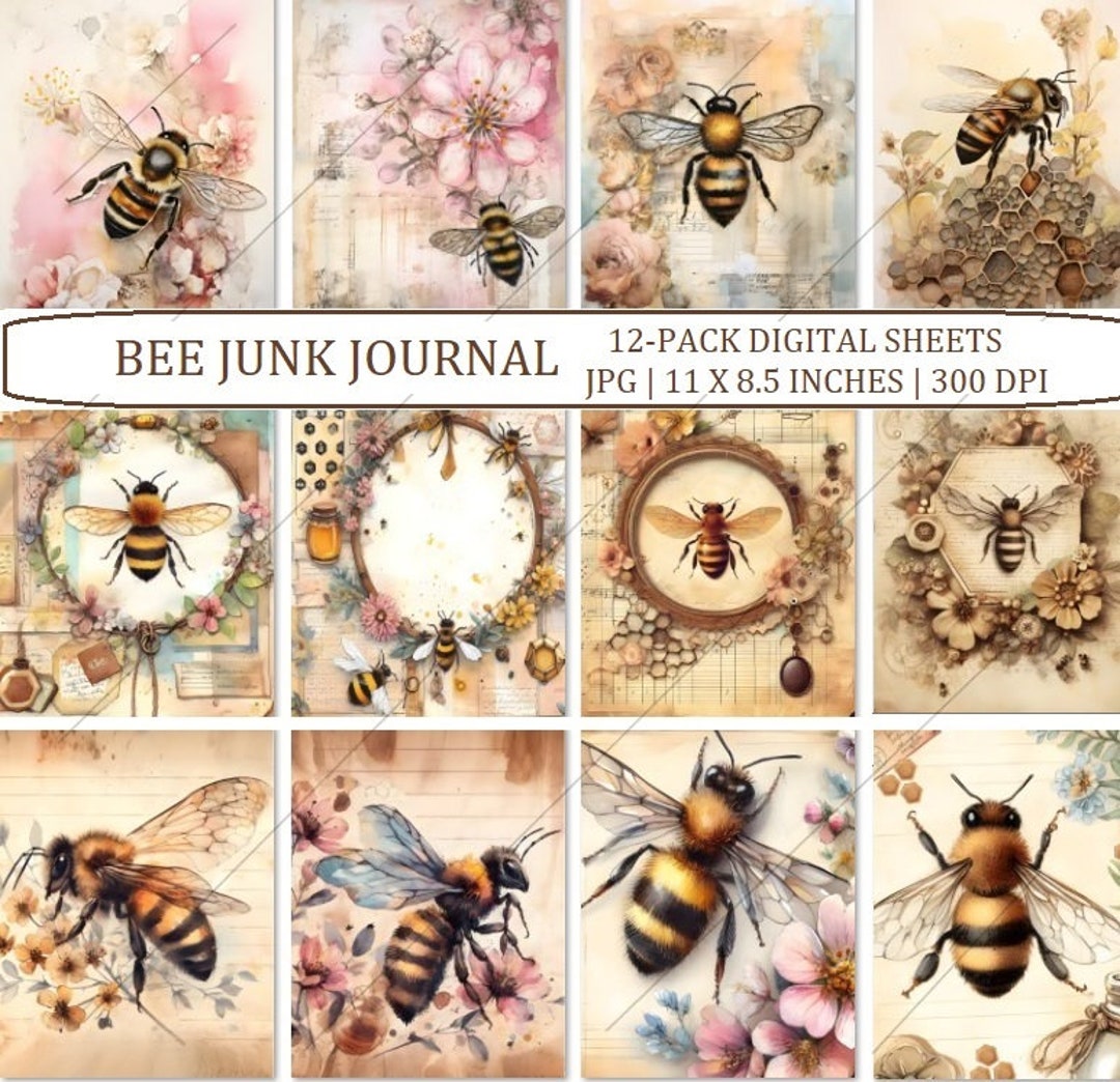 Bee Junk Journal Pages, Watercolour Bees Floral Journal Paper, Digital ...