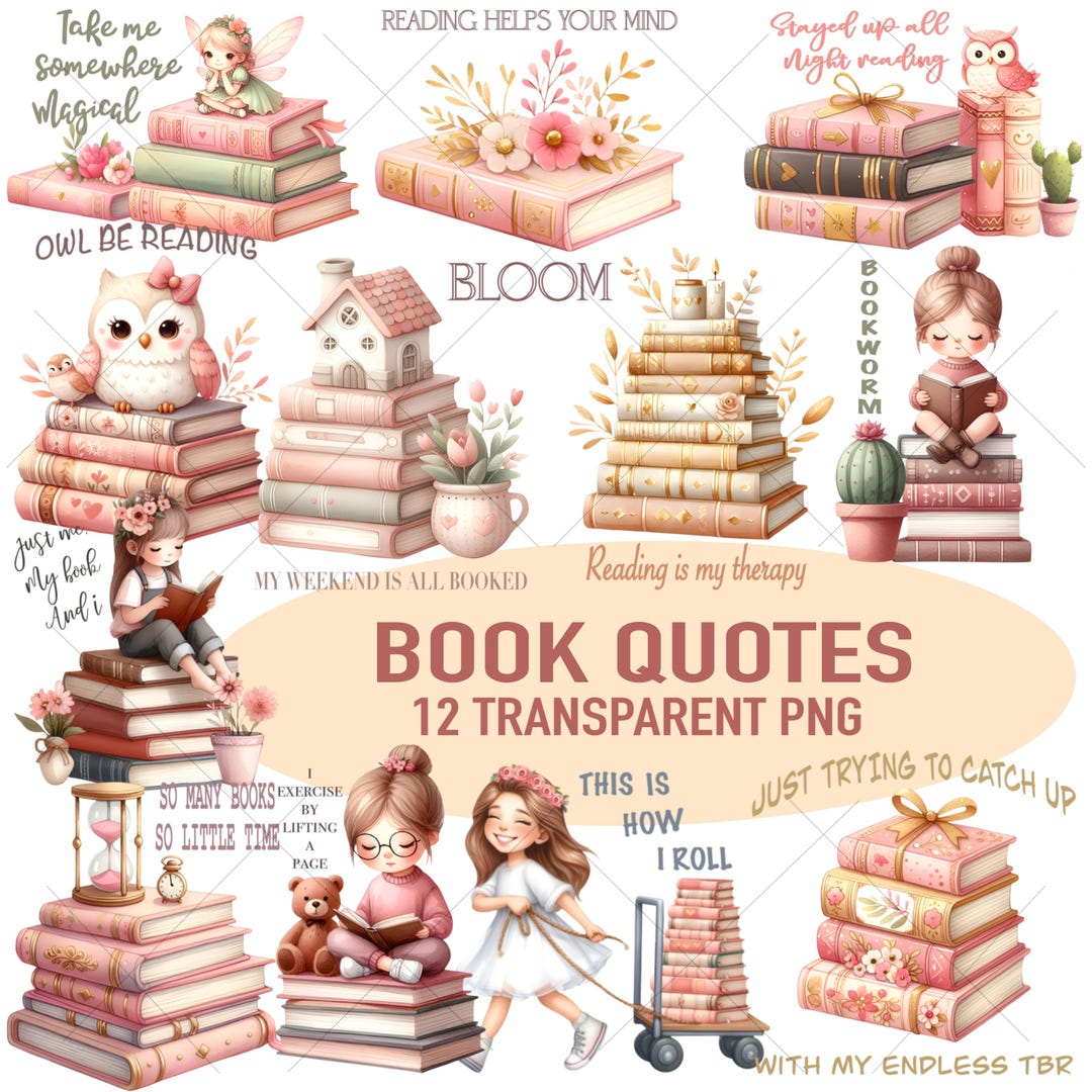 Book Quotes Clipart Bundle Png Instant Download, Cute Pink Book Lover ...