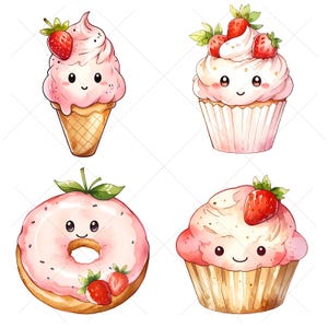Cute Strawberry Desserts Clipart PNG Bundle, Sweet Kawaii Smiling Face ...