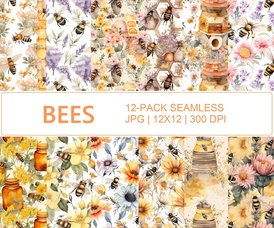 Bees Digital Paper Set #1- Watercolor Honey Bee Scrapbook Paper - Bee ...