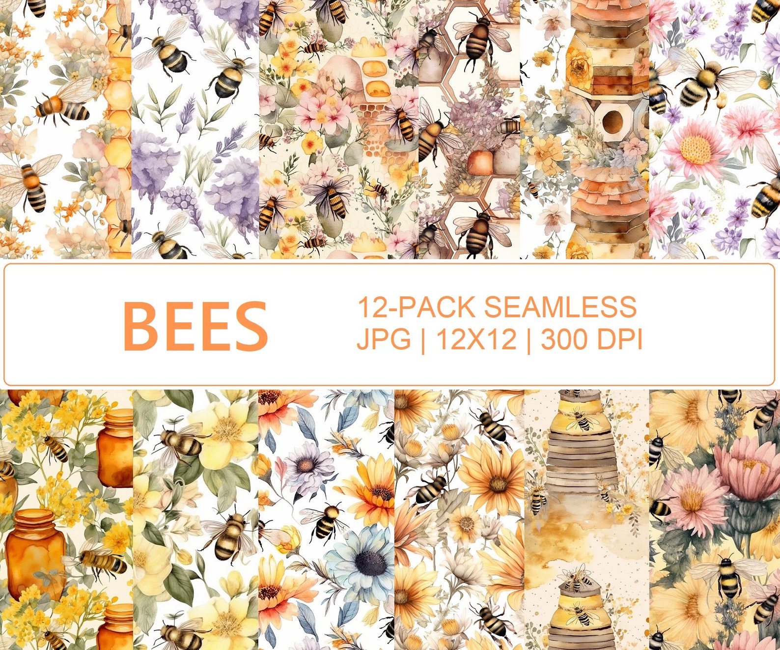 Bees Digital Paper Set #1- Watercolor Honey Bee Scrapbook Paper - Bee ...