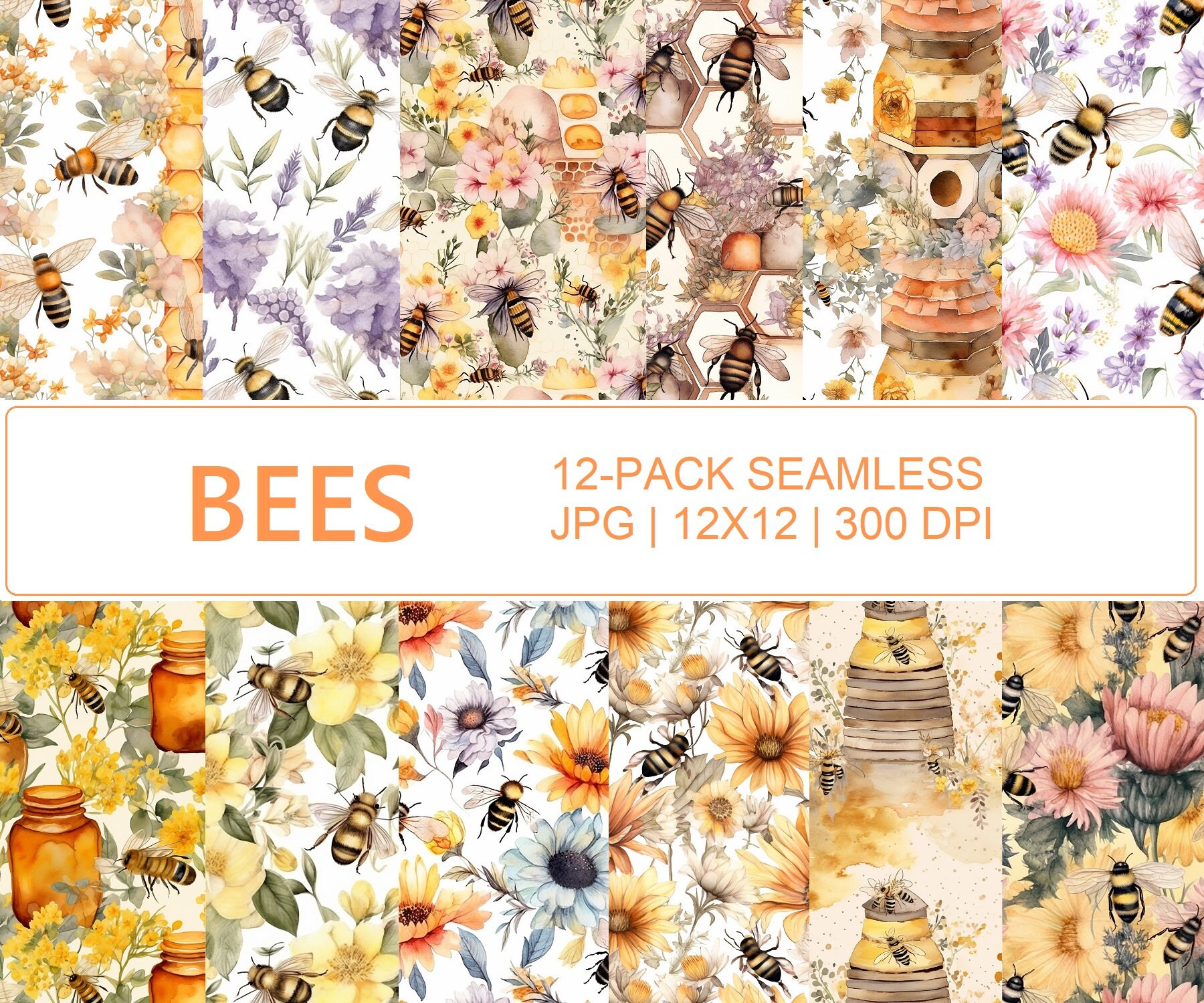 Bees Digital Paper Set #1- Watercolor Honey Bee Scrapbook Paper - Bee ...