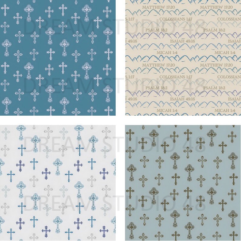 Religious Digital Paper Set Blue Teal - Christian Faith Scrapbook Paper ...