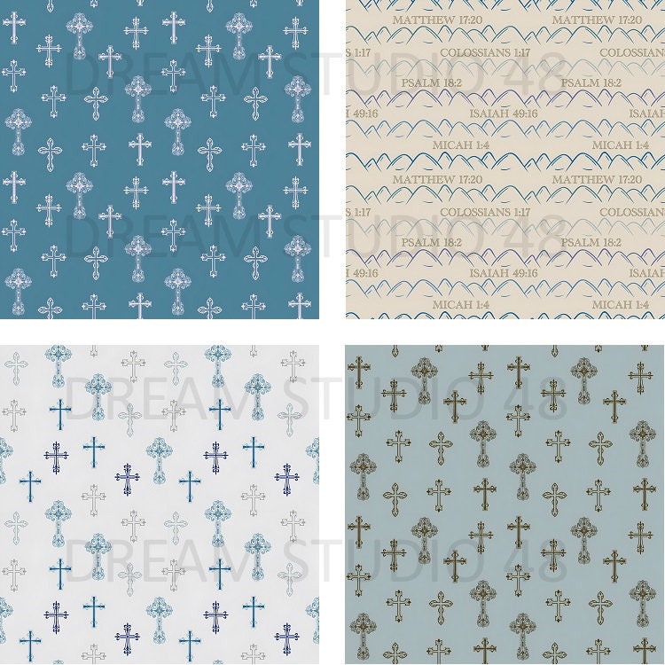 Religious Digital Paper Set Blue Teal - Christian Faith Scrapbook Paper ...