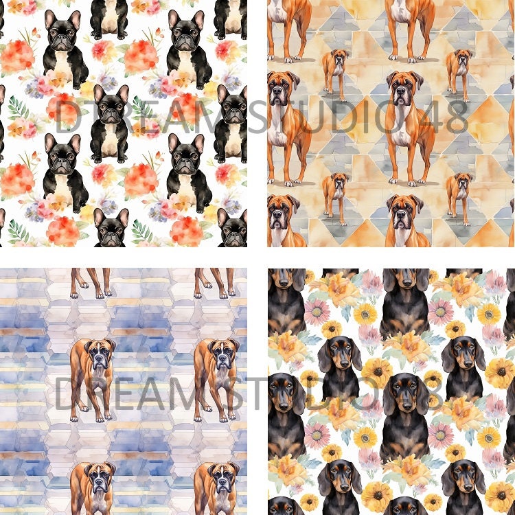 Dog Digital Seamless Pattern Set #1 - Cute Puppy Watercolor Scrapbook ...