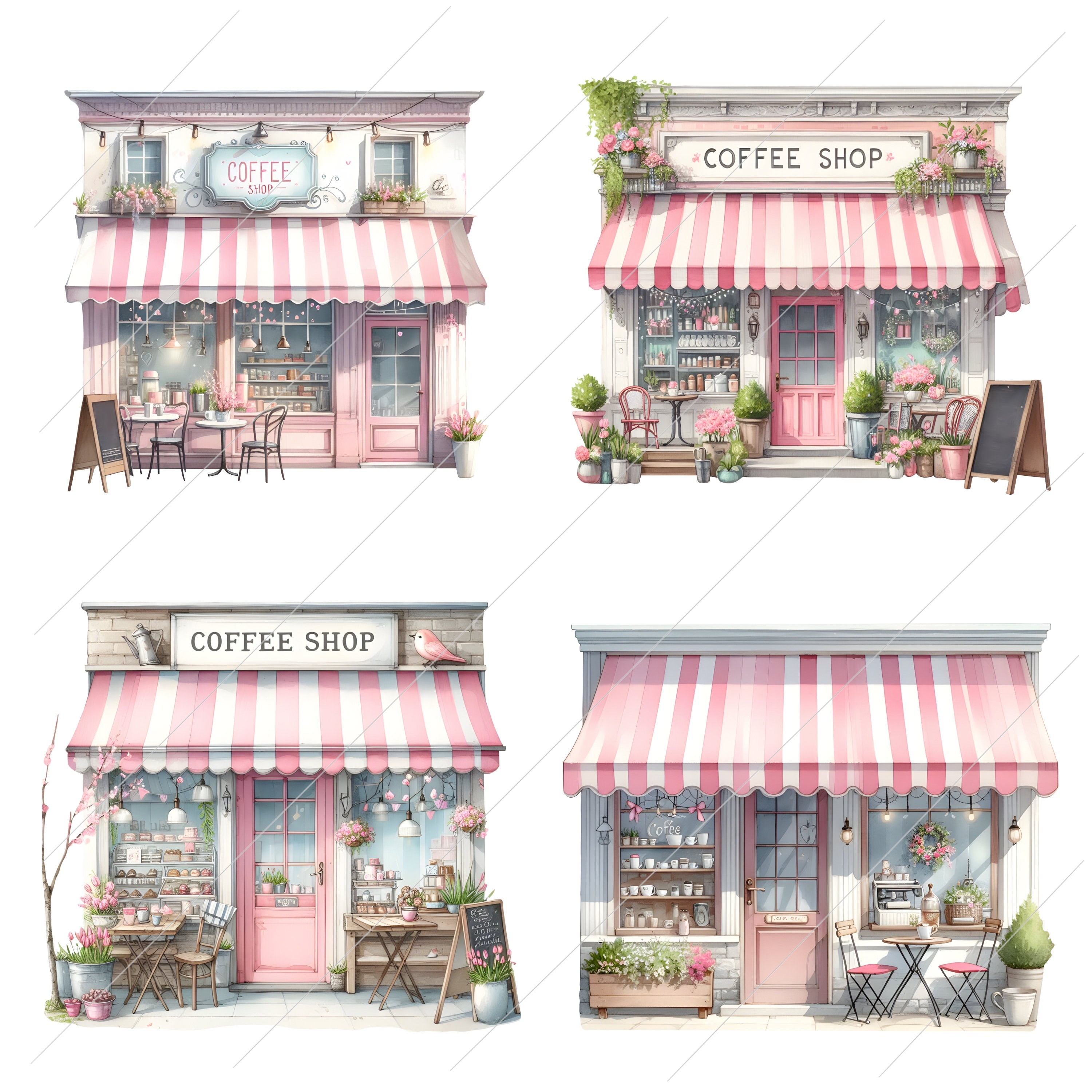 Spring Coffee Shop Café PNG Clipart, Watercolor Transparent Bundle ...