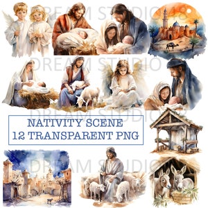Nativity Scene Watercolor Clipart, Christmas Jesus Clip Art, Religious ...