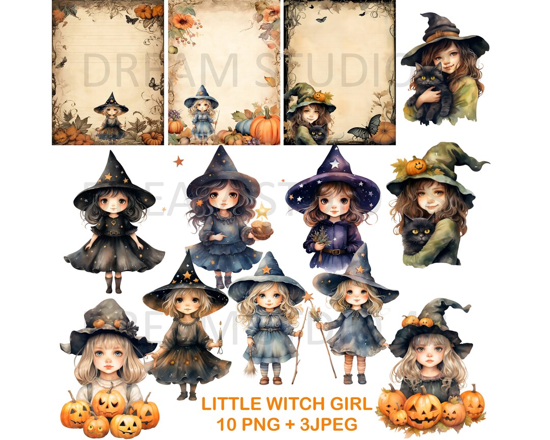 Little Witch Girl PNG Clipart Junk Journal Bundle, Watercolor Halloween ...