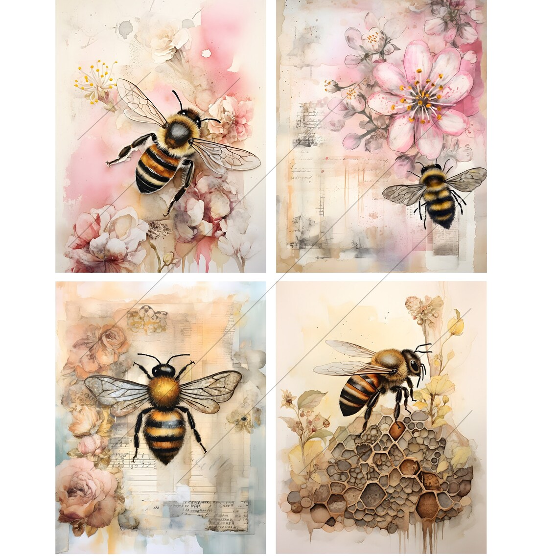 Bee Junk Journal Pages, Watercolour Bees Floral Journal Paper, Digital ...