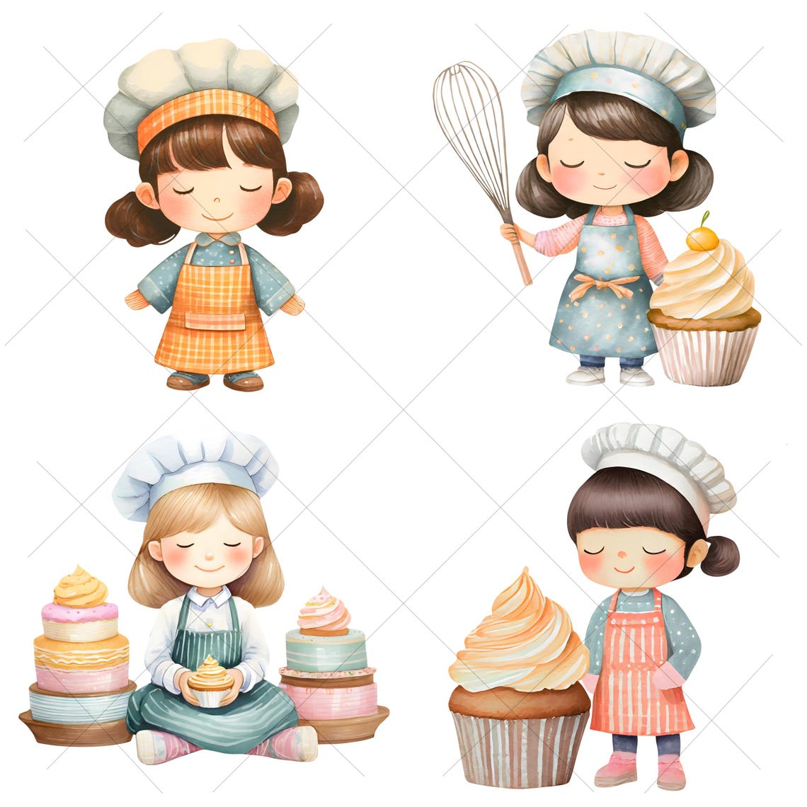 Cute Little Chef Clipart Bundle, Baker Girl Boy Watercolor Transparent ...