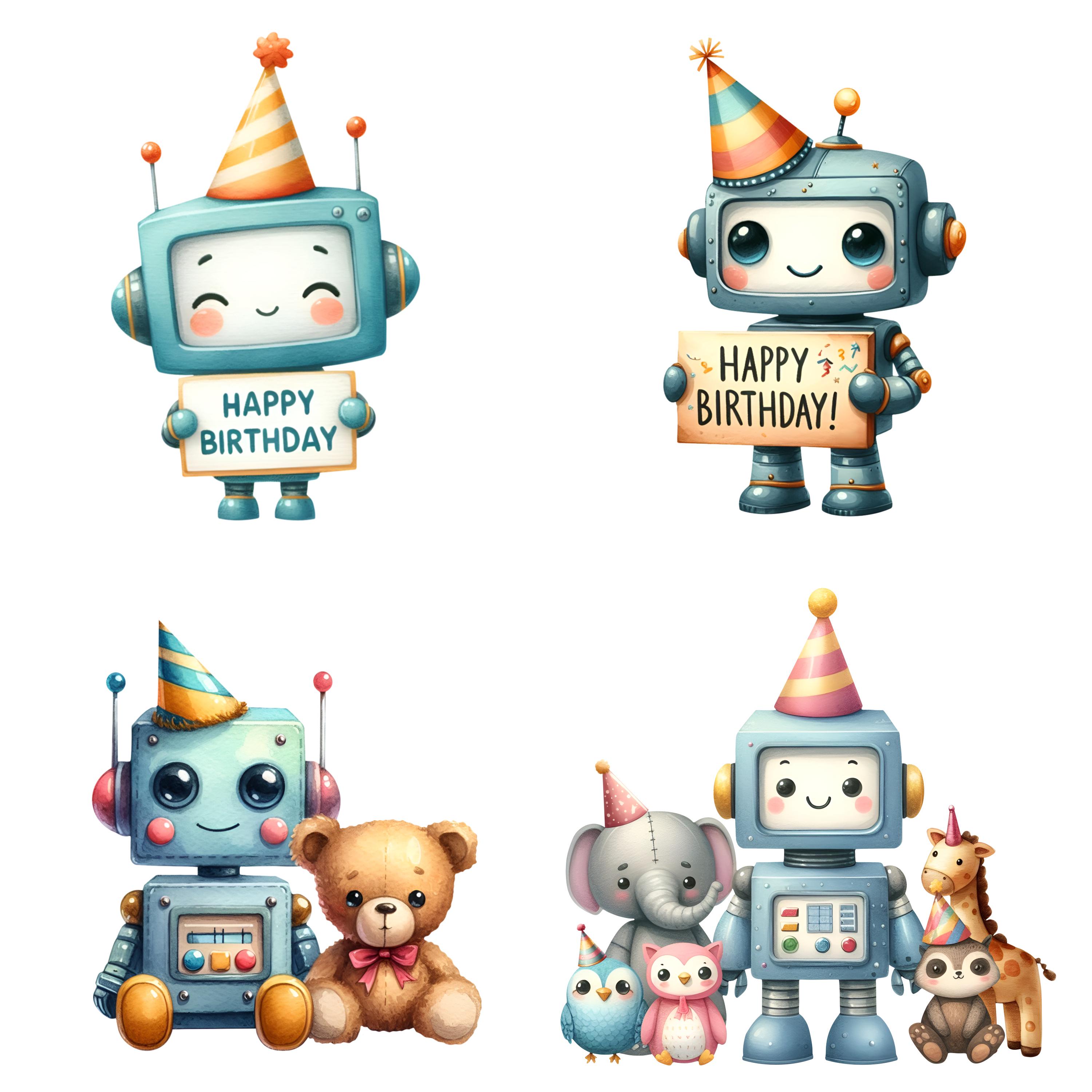 Cute Party Robot Birthday PNG Clipart, Watercolor Boy Blue Robots ...