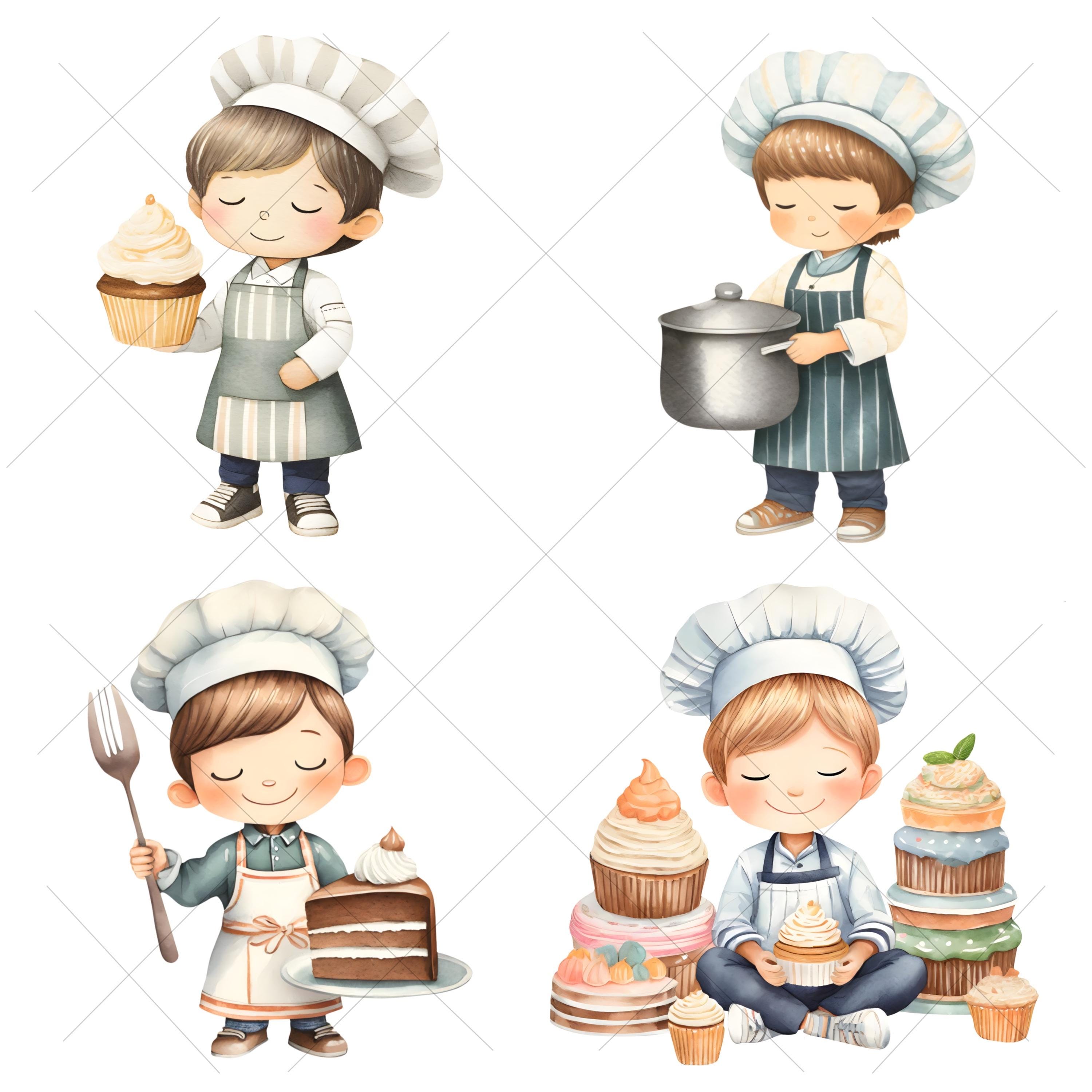 Cute Little Chef Clipart Bundle, Baker Girl Boy Watercolor Transparent ...
