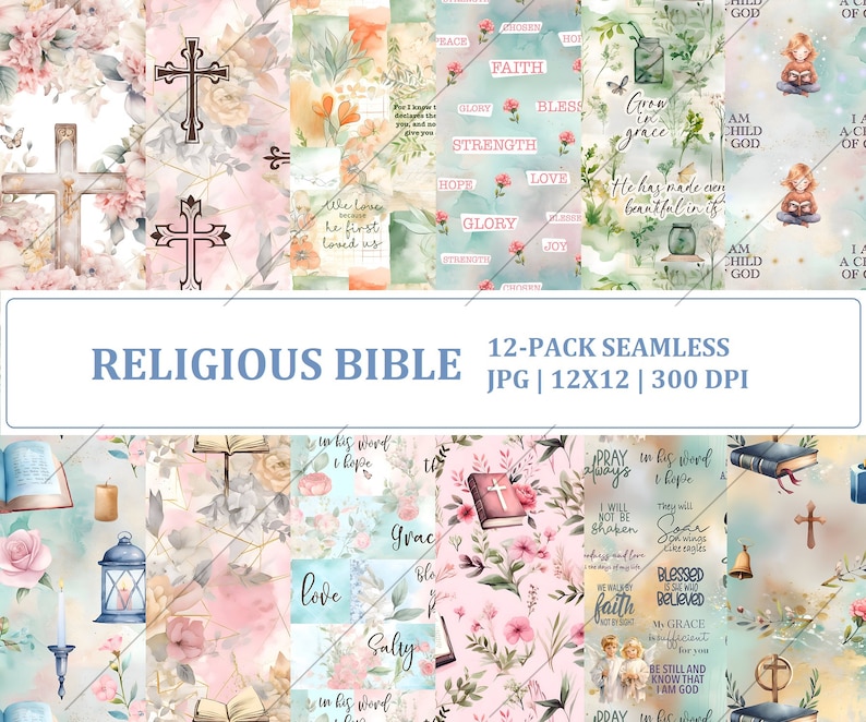 Religious Digital Paper Set #3 - Christian Faith Scrapbook Paper - Bible Themed Patterned Paper ...