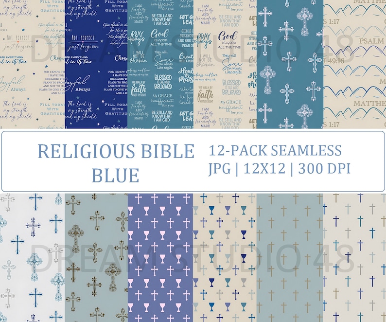 Religious Digital Paper Set Blue Teal - Christian Faith Scrapbook Paper ...