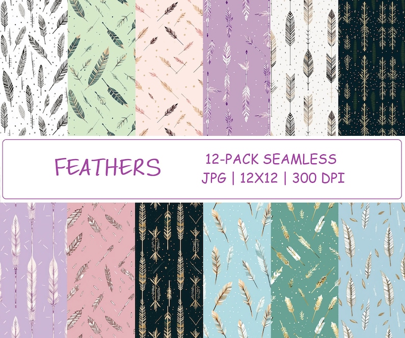 Feathers Digital Paper Sets - Boho Feathers Scrapbook Paper - Feathers ...