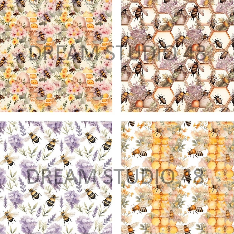 Bees Digital Paper Set #1- Watercolor Honey Bee Scrapbook Paper - Bee ...