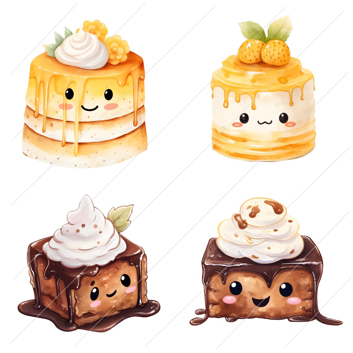 Cute Desserts Clipart PNG Bundle, Sweet Kawaii Smiling Face Treats ...