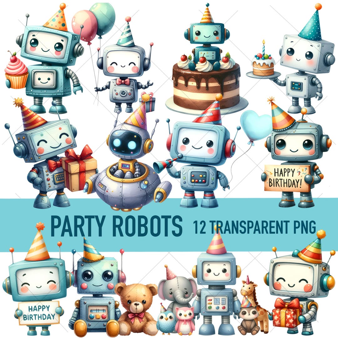 Cute Party Robot Birthday PNG Clipart, Watercolor Boy Blue Robots ...