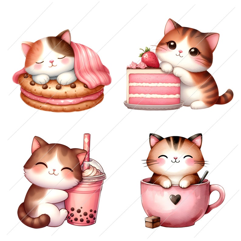 Sweet Treats Cat Clipart Bundle, Watercolor Cat With Desserts ...