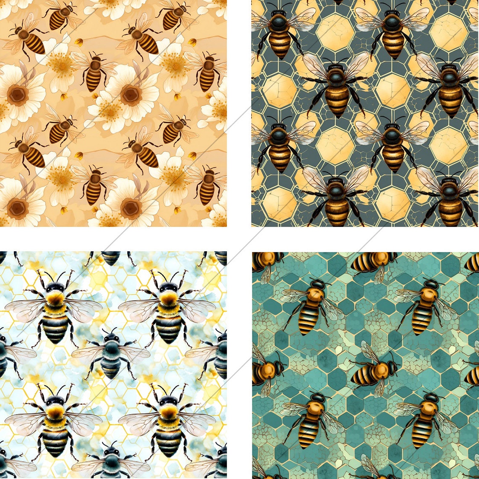 Bees Digital Paper Set #2 - Watercolor Honey Bee Scrapbook Paper - Bee ...