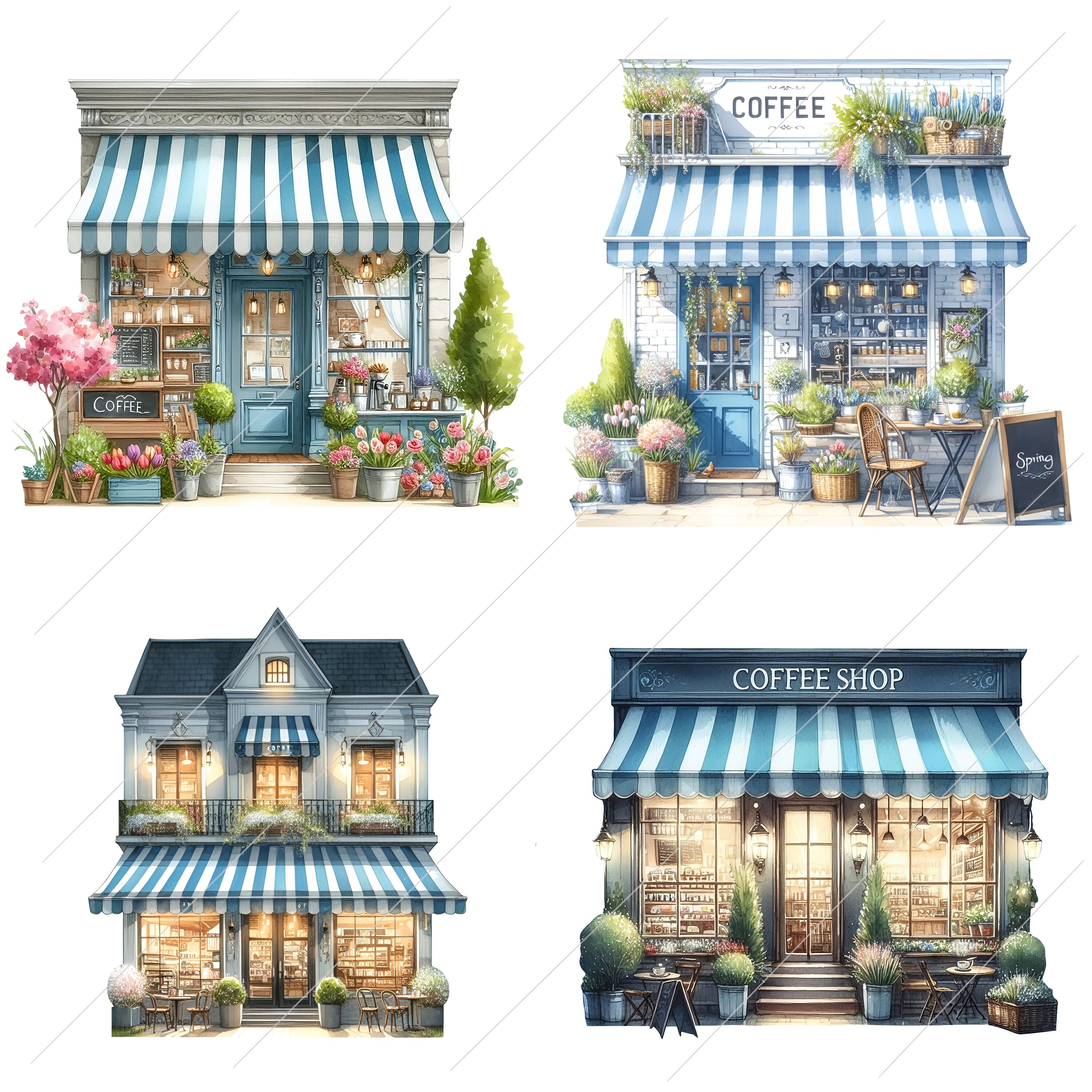 Spring Coffee Shop Café PNG Clipart, Watercolor Transparent Bundle ...