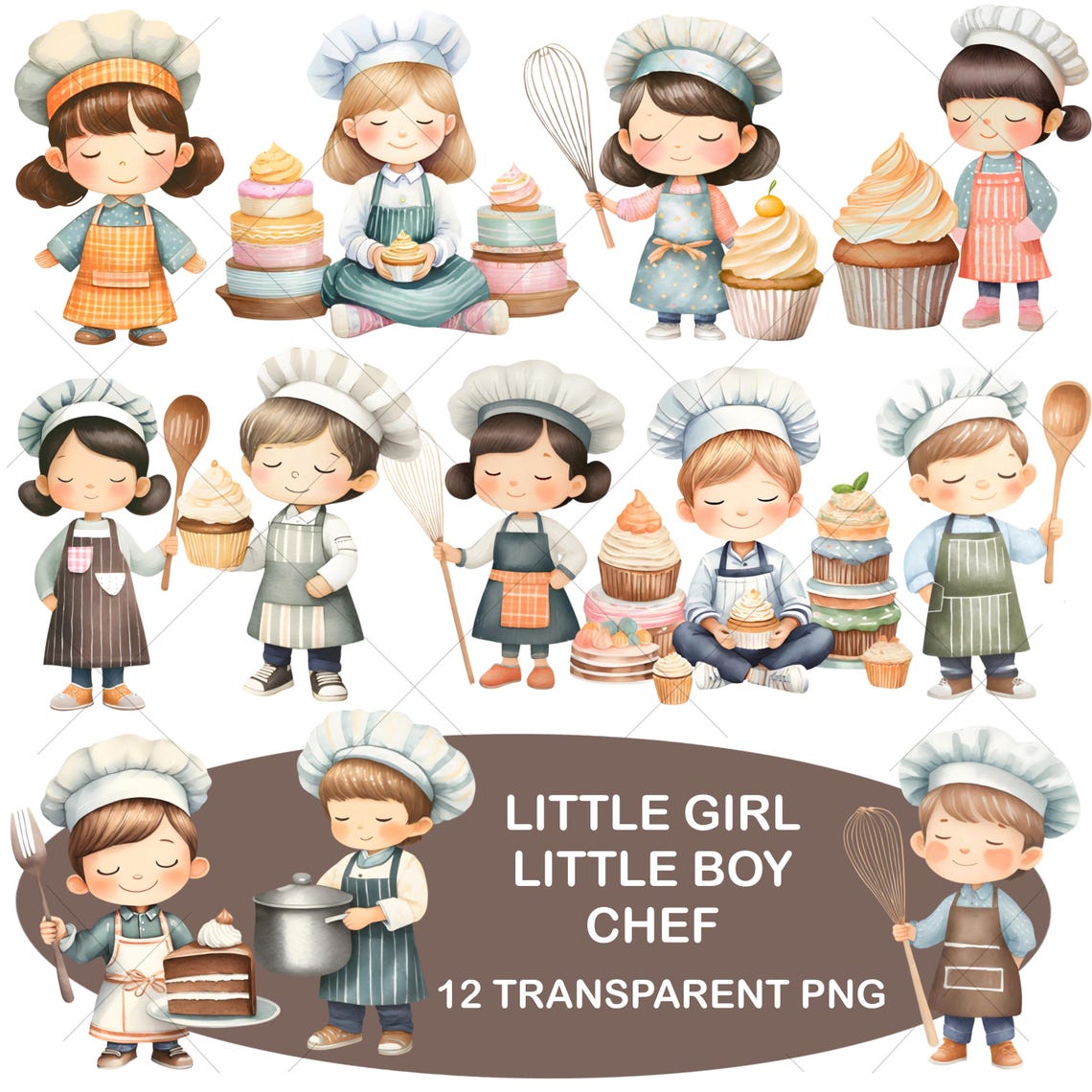 Cute Little Chef Clipart Bundle, Baker Girl Boy Watercolor Transparent ...