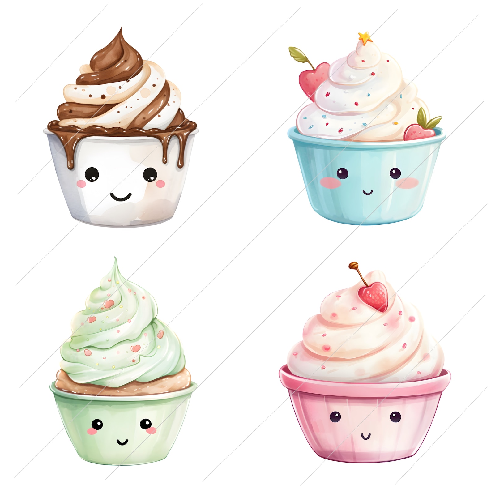 Cute Desserts Clipart PNG Bundle, Sweet Kawaii Smiling Face Treats ...