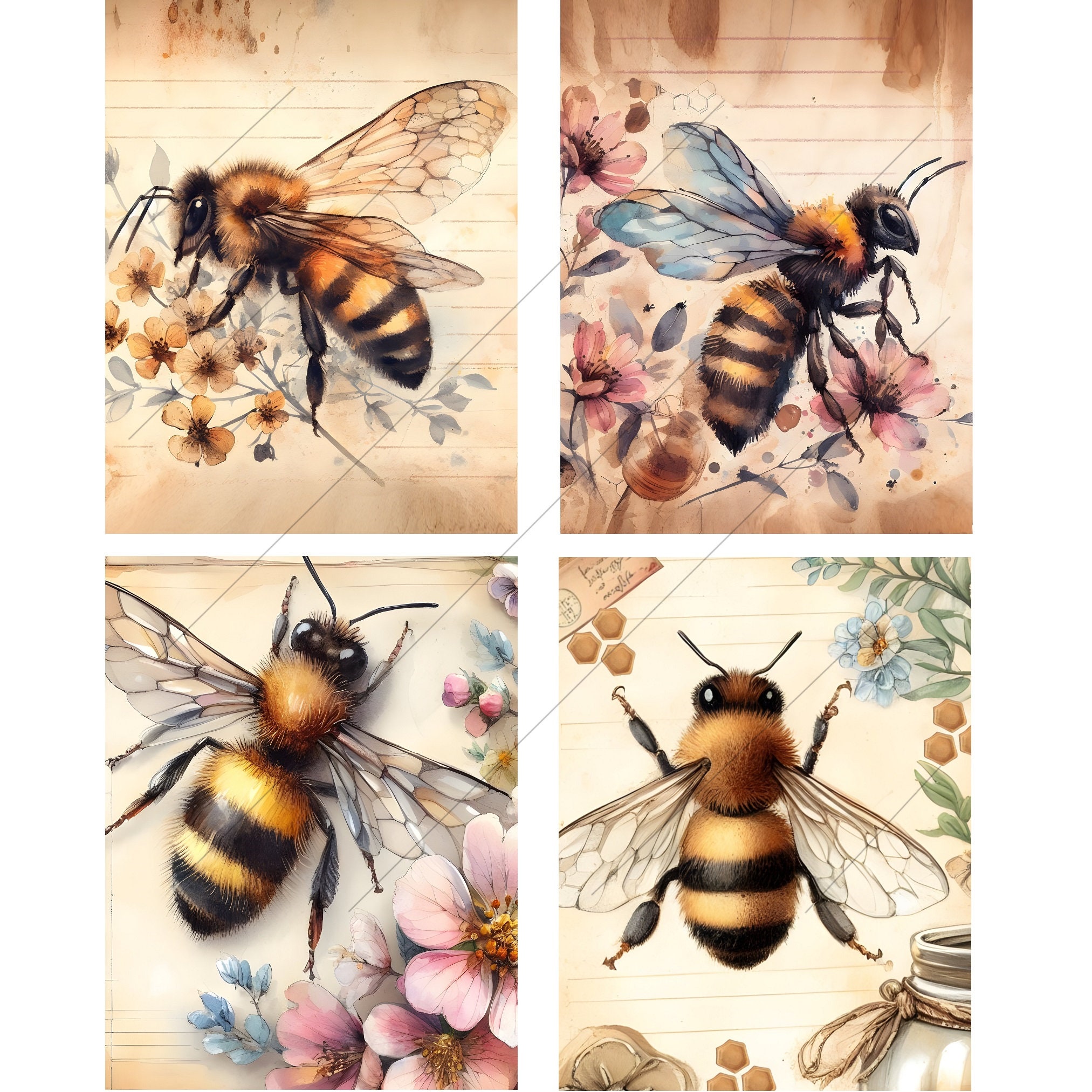 Bee Junk Journal Pages, Watercolour Bees Floral Journal Paper, Digital ...