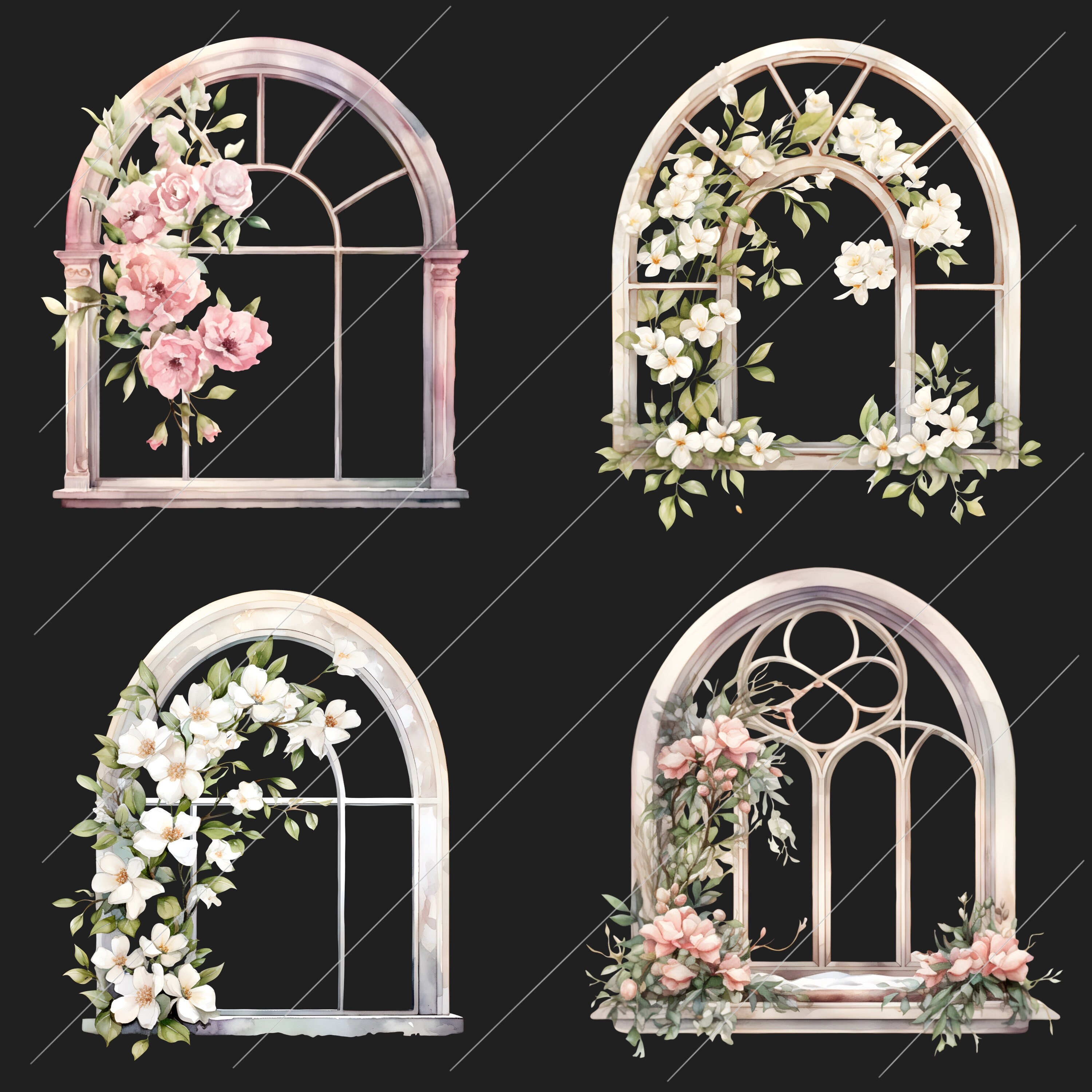 Floral Arched Windows Watercolor Clipart Bundle, Transparent PNG ...