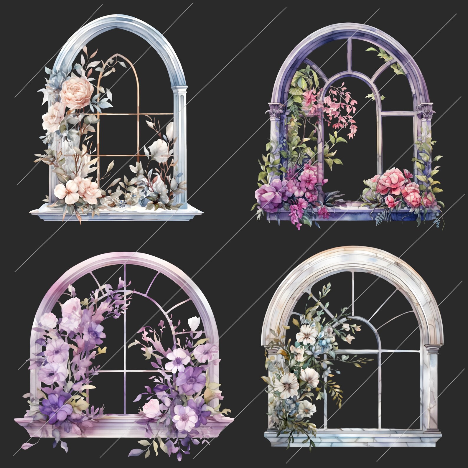 Floral Arched Windows Watercolor Clipart Bundle, Transparent PNG ...