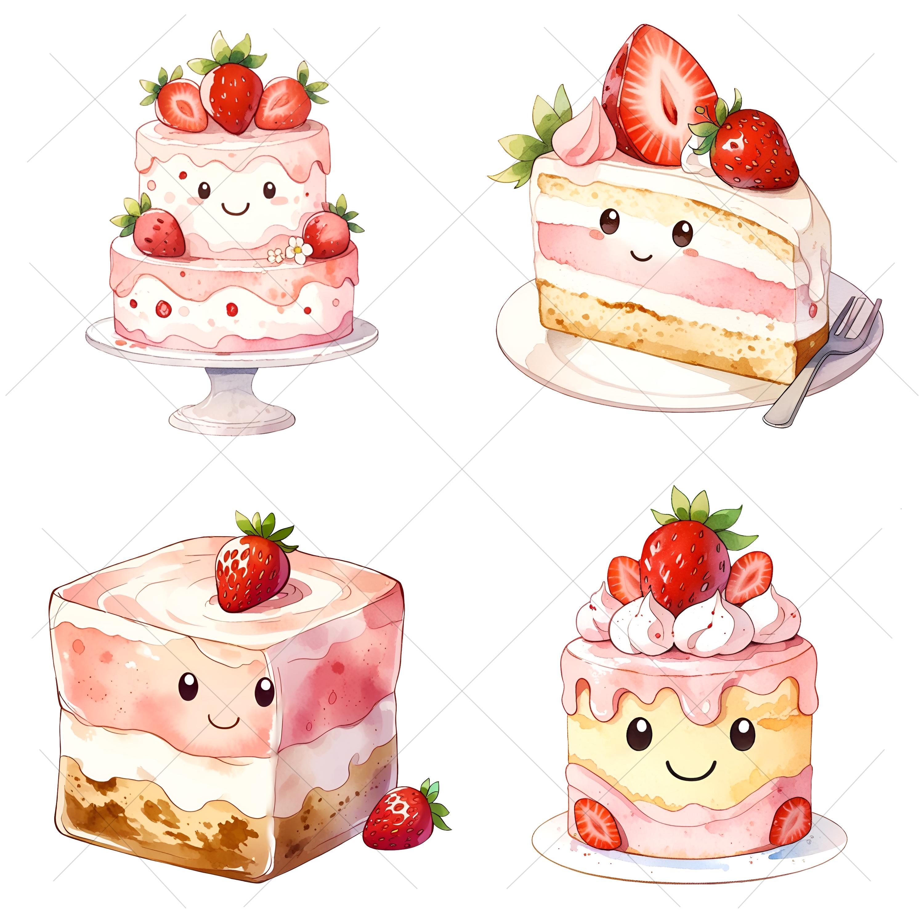 Cute Strawberry Desserts Clipart PNG Bundle, Sweet Kawaii Smiling Face ...