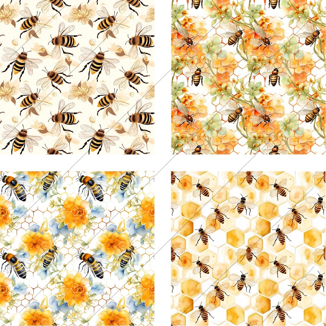 Bees Digital Paper Set #2 - Watercolor Honey Bee Scrapbook Paper - Bee ...