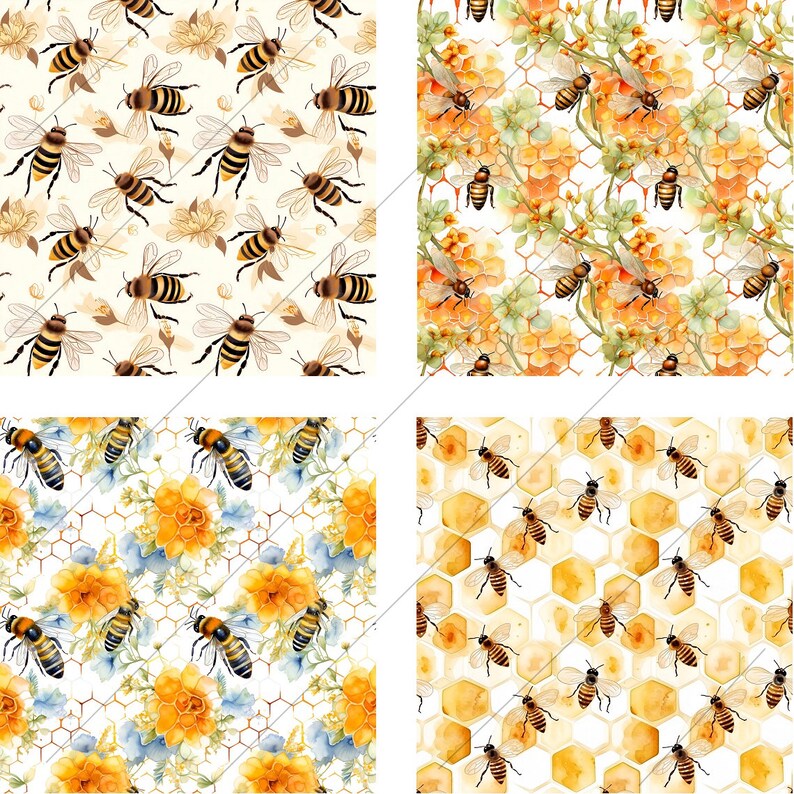 Bees Digital Paper Set #2 - Watercolor Honey Bee Scrapbook Paper - Bee ...