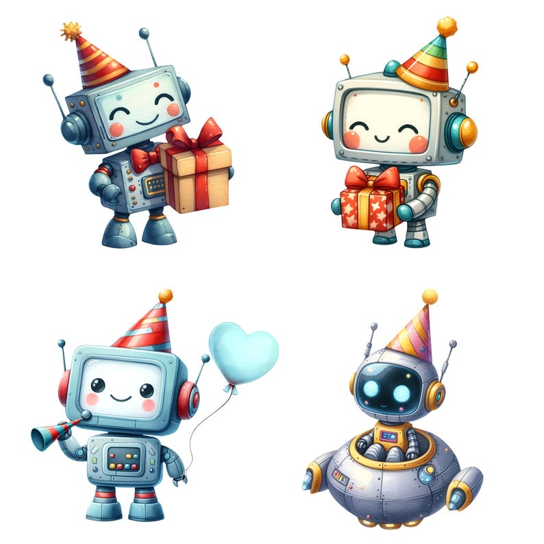 Cute Party Robot Birthday PNG Clipart, Watercolor Boy Blue Robots ...