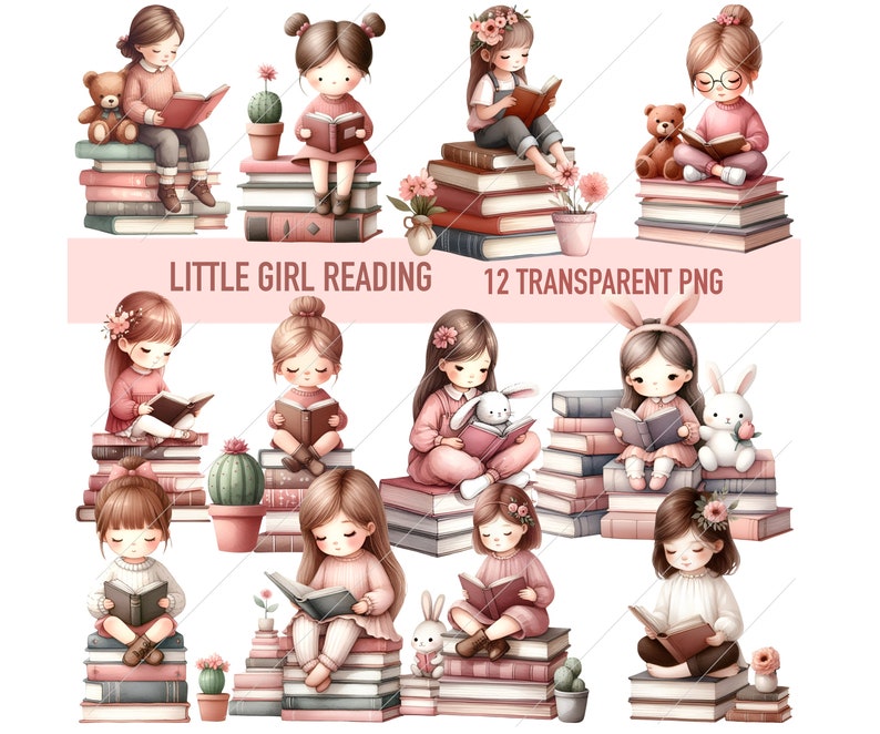 Girl Sitting on Stack of Books Reading Clipart Bundle, Little Girl Book ...