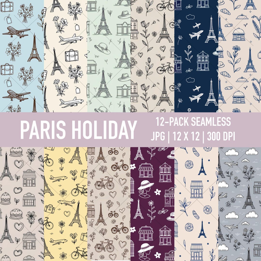 Paris Holiday Seamless Repeat Patterns, France Themed Eiffel Tower Cafe ...