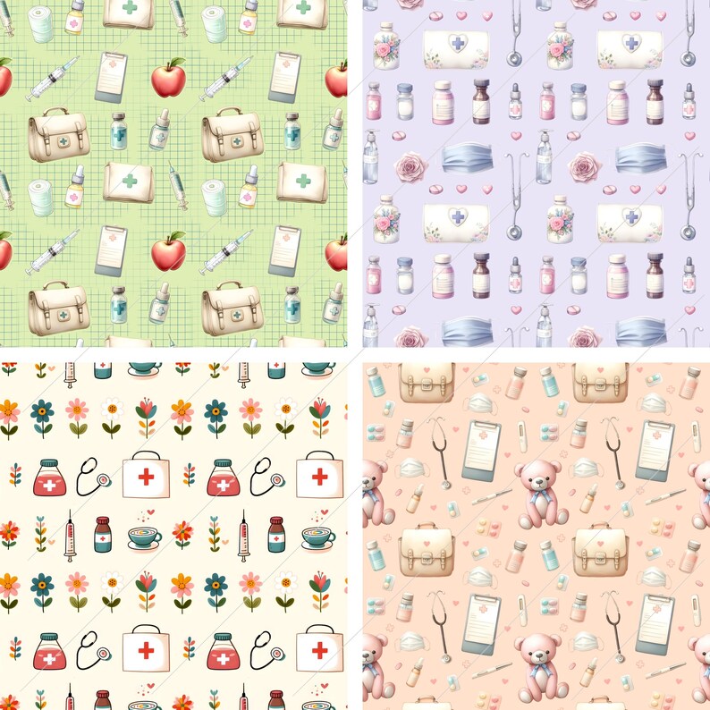 Medical Nurse Doctor Healthcare Seamless Digital Designs, Watercolor ...