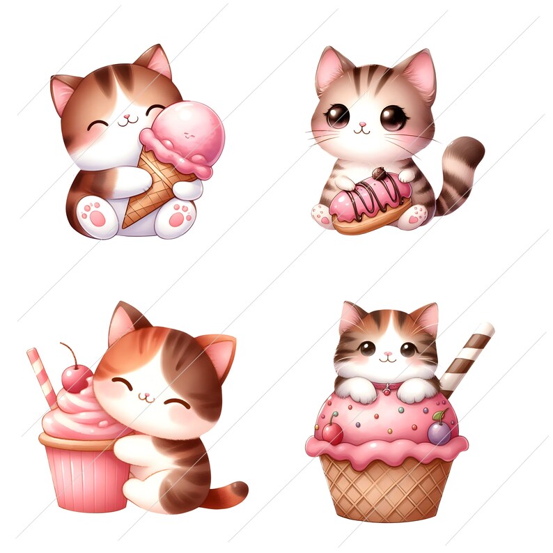 Sweet Treats Cat Clipart Bundle, Watercolor Cat With Desserts ...