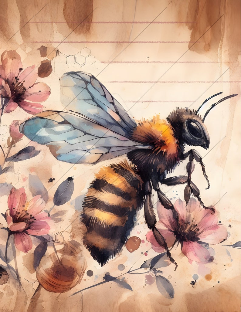 Bee Junk Journal Pages, Watercolour Bees Floral Journal Paper, Digital ...